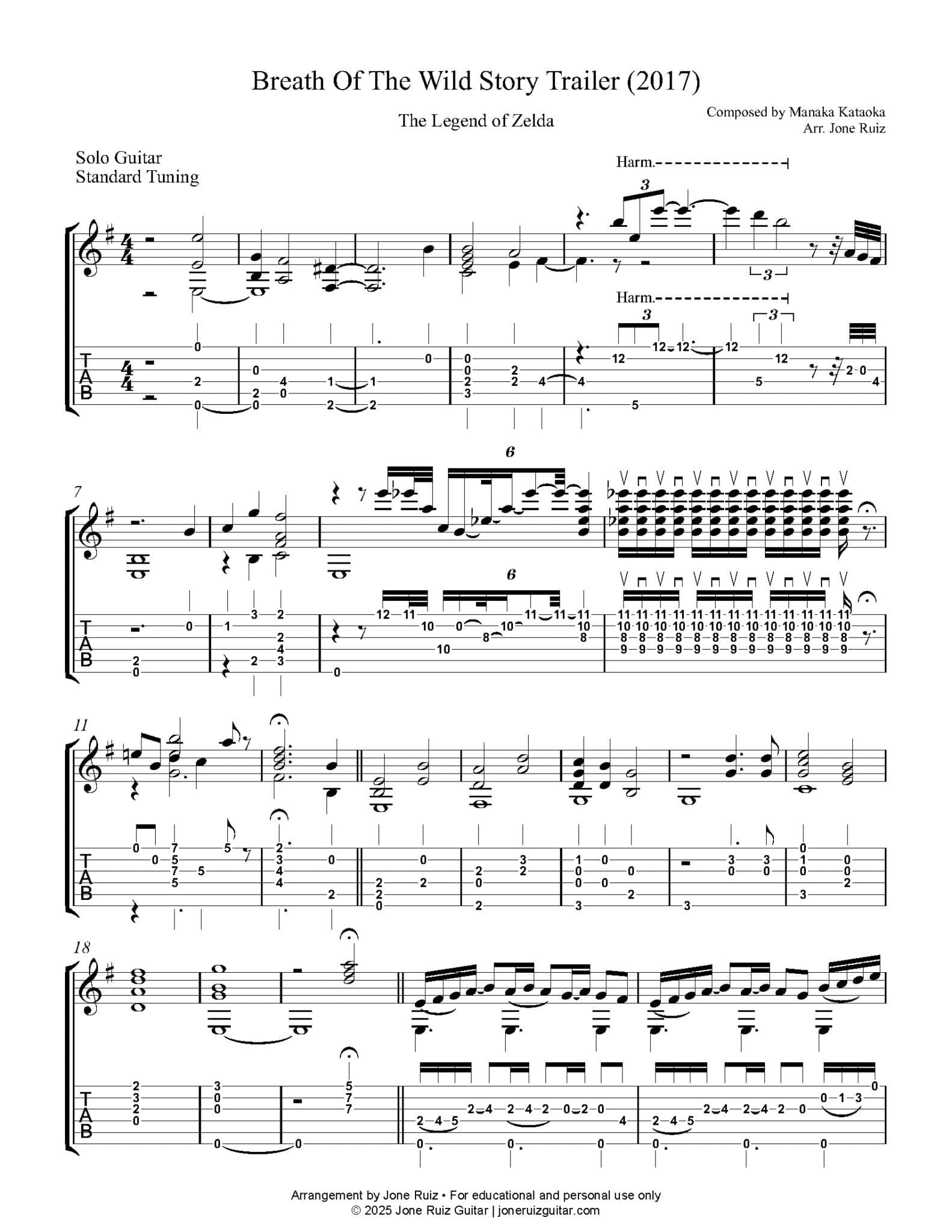 The Legend of Zelda- Breath Of The Wild 2017 Trailer Theme Guitar Tab