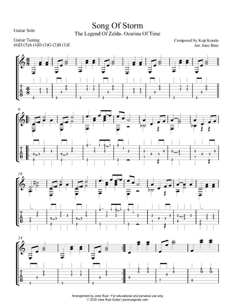 The Legend of Zelda – Song Of Storm Guitar Tab - Jone Ruiz Guitar