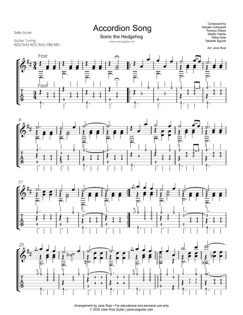Sonic the Hedgehog – Accordion Song Guitar Tab